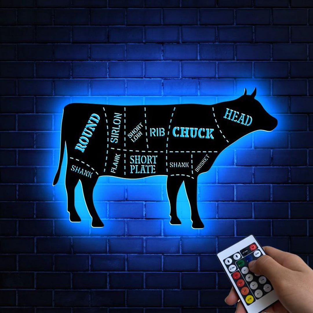 Beef Cuts Diagram Metal Sign With LED Light, Perfect for Chefs and BBQ ...