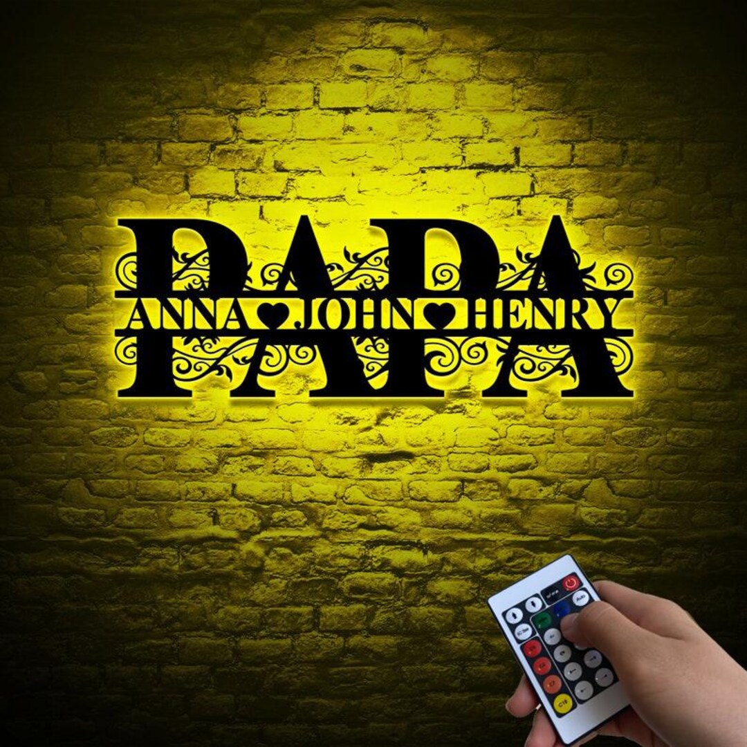 Personalized Papa Metal Sign Led Light With Kids Name, Papa Dad Split ...