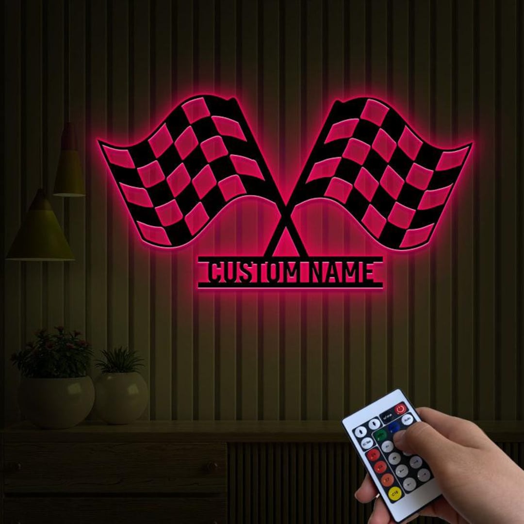 Personalized Racing Car Metal Sign With LED Lights, F1 Flag Sign ...