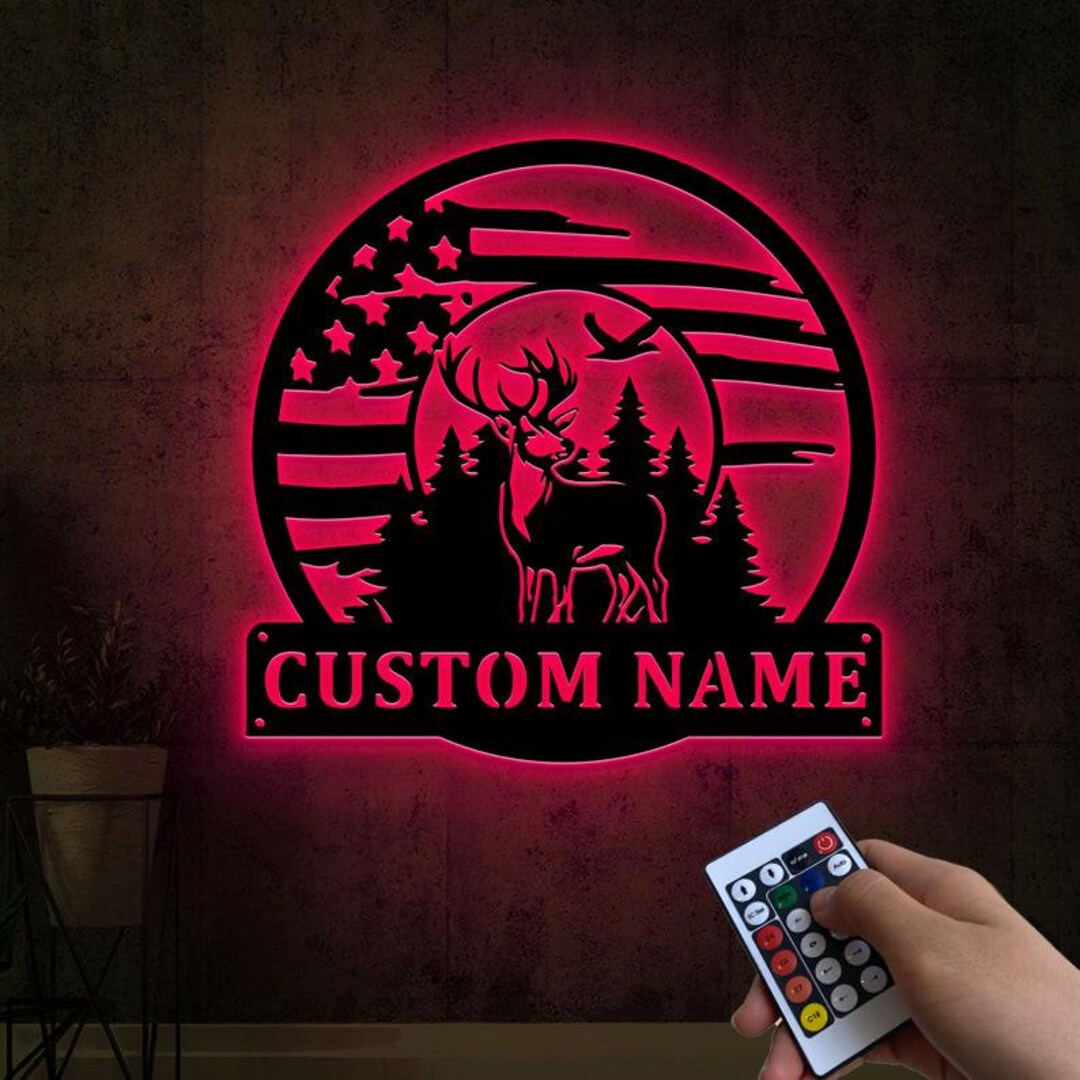 Personalized US Flag Deer Hunting Metal Sign With LED Lights, Hunting ...