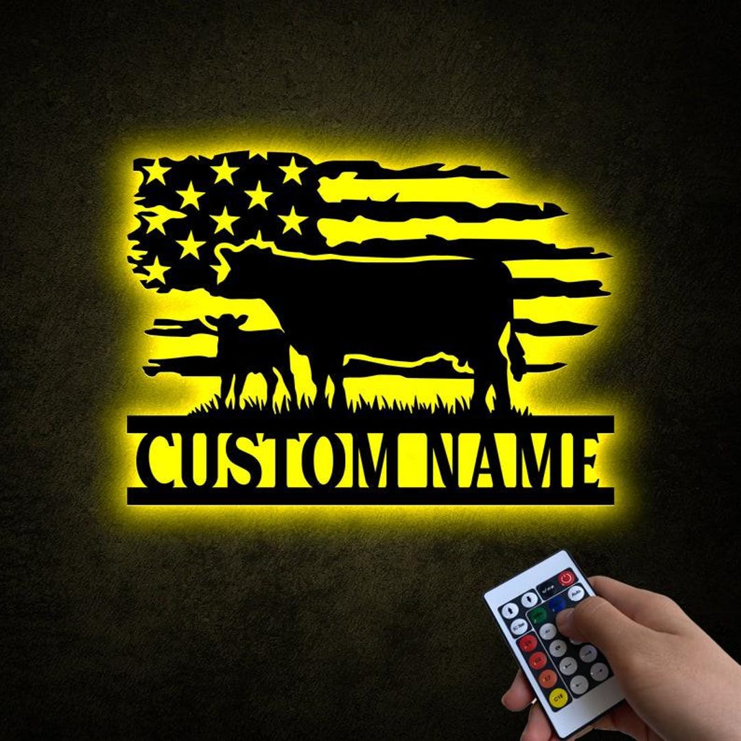 Personalized Metal Cow Farm Sign With LED, US Flag Art, Barn Ranch ...