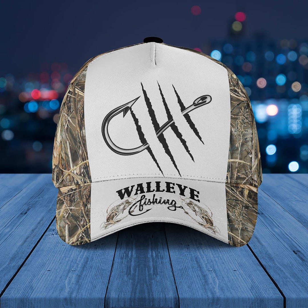 Custom Name Walleye Fishing Camo White AOP Baseball Cap, Walleye ...