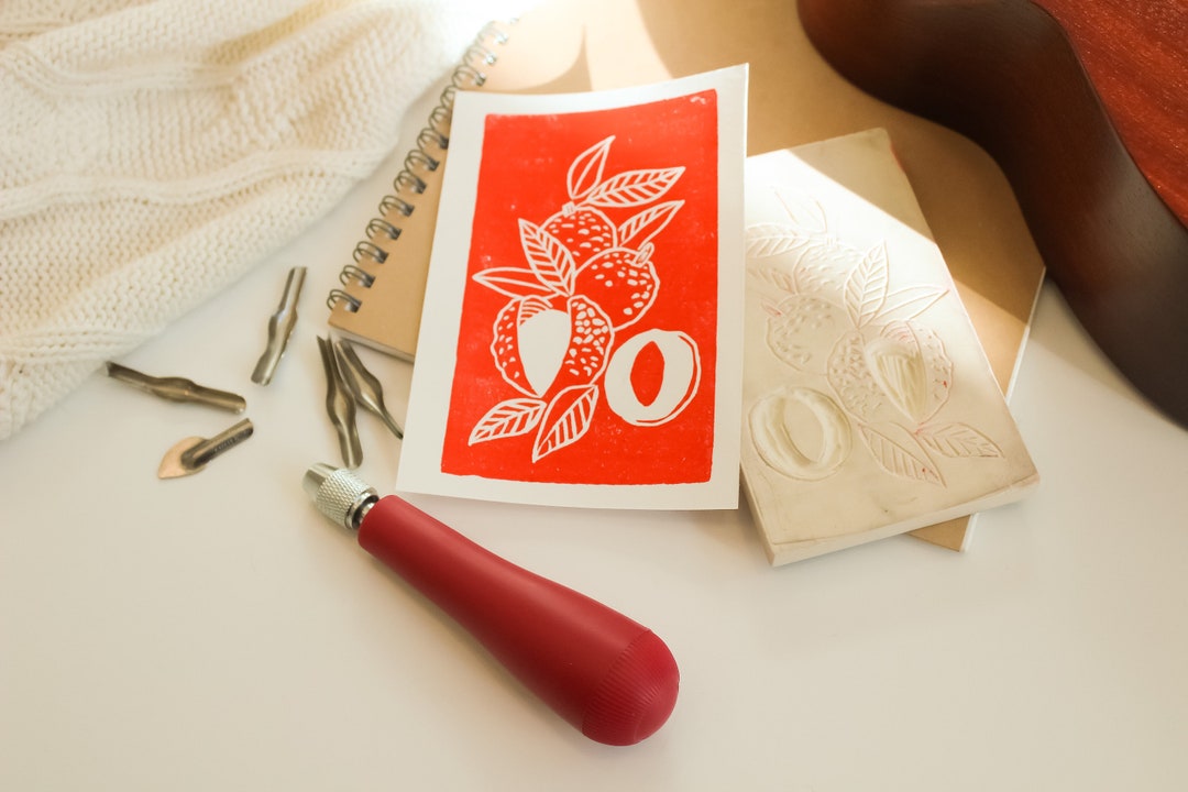 Lychee Linocut Print, Fruit Print, Handmade Lino Print, Mini Print, Red ...