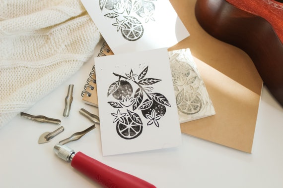 Orange Block Print Fruit Floral Art Handmade Linocut Print | Etsy