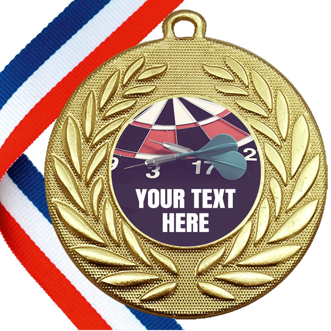 10 X Personalised Darts Medals on Ribbons FULLY ASSEMBLED Available in ...