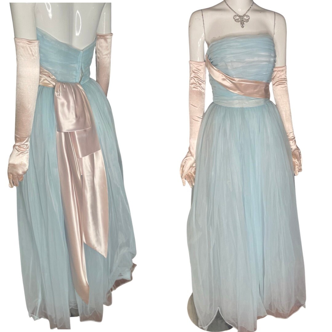 1950s Pale Blue Cupcake Prom Dress Pink Sash Bow Vintage - Etsy