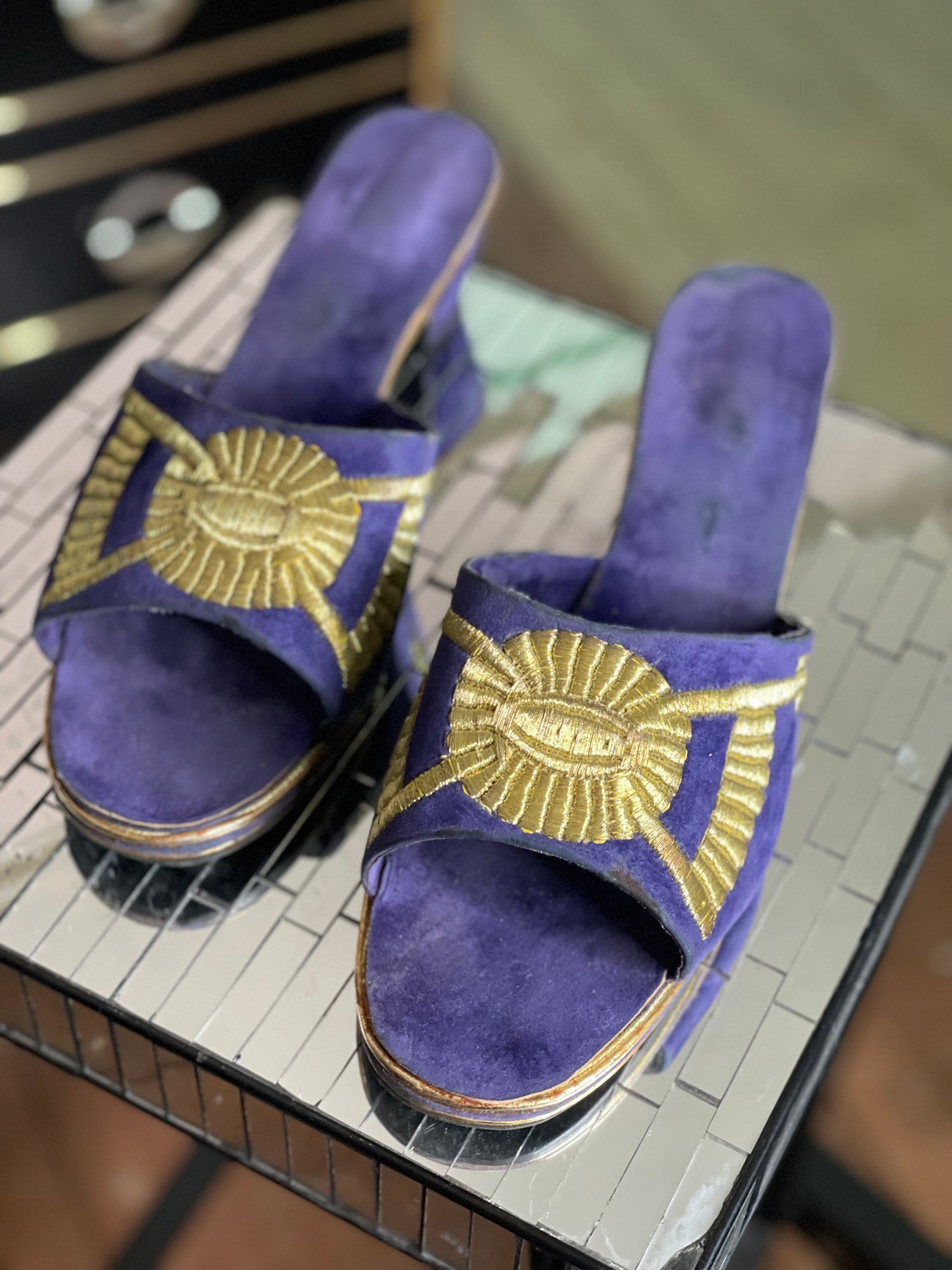 1960s Egyptian Slides Blue and Gold Eye - Etsy