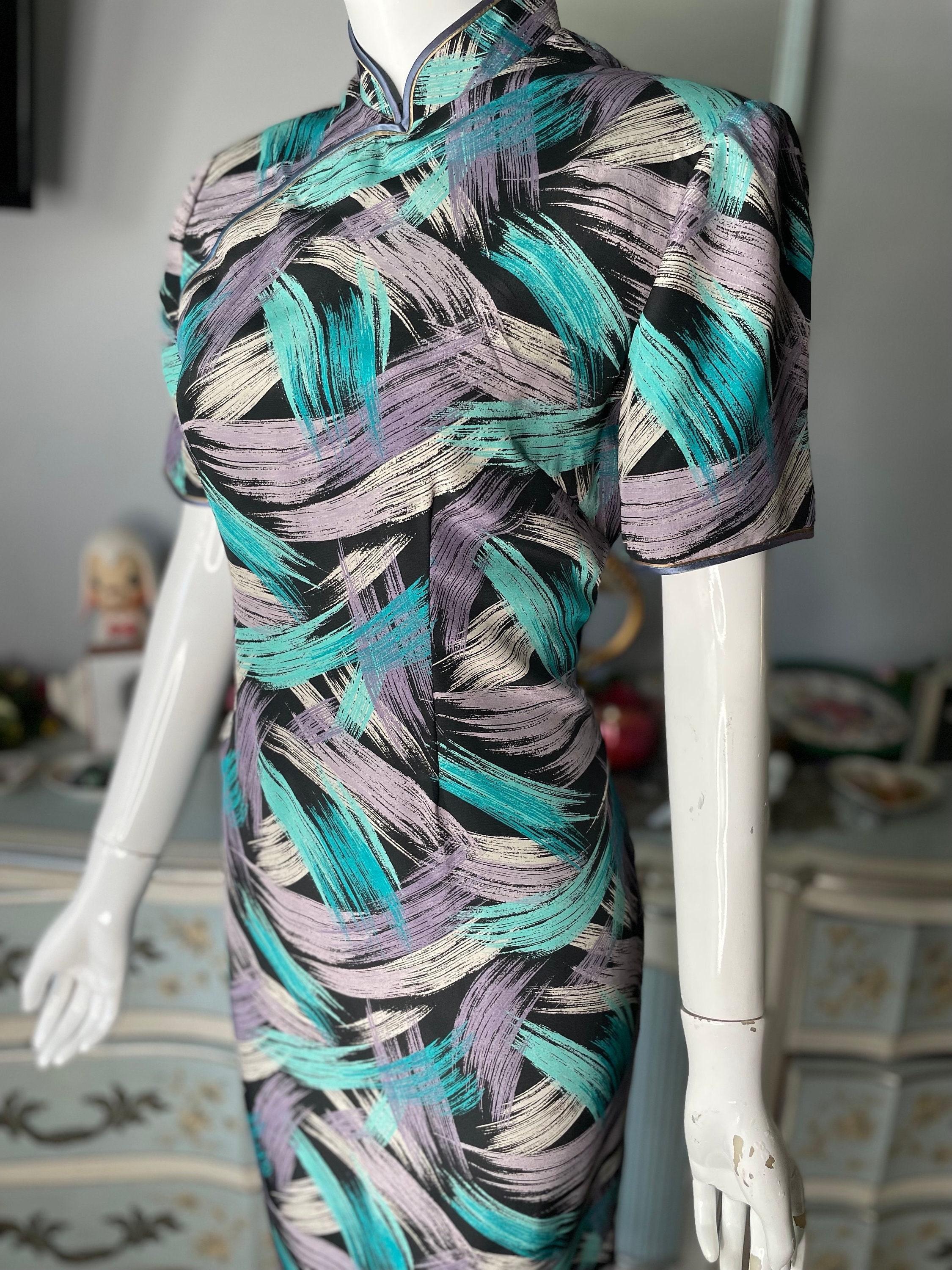 Cheongsam Matching Dress Jacket Set Vintage 1980s Teal Lavender - Etsy