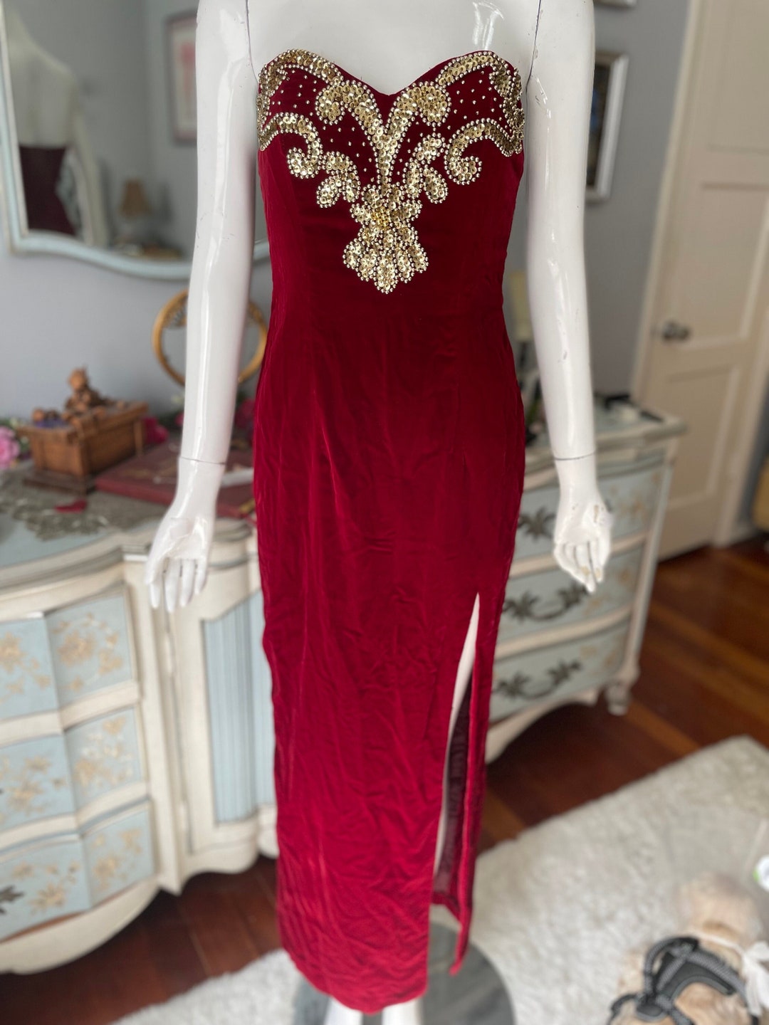 Burgundy Red Velvet Gown Gold Jewels Sequins High Slit Vintage - Etsy