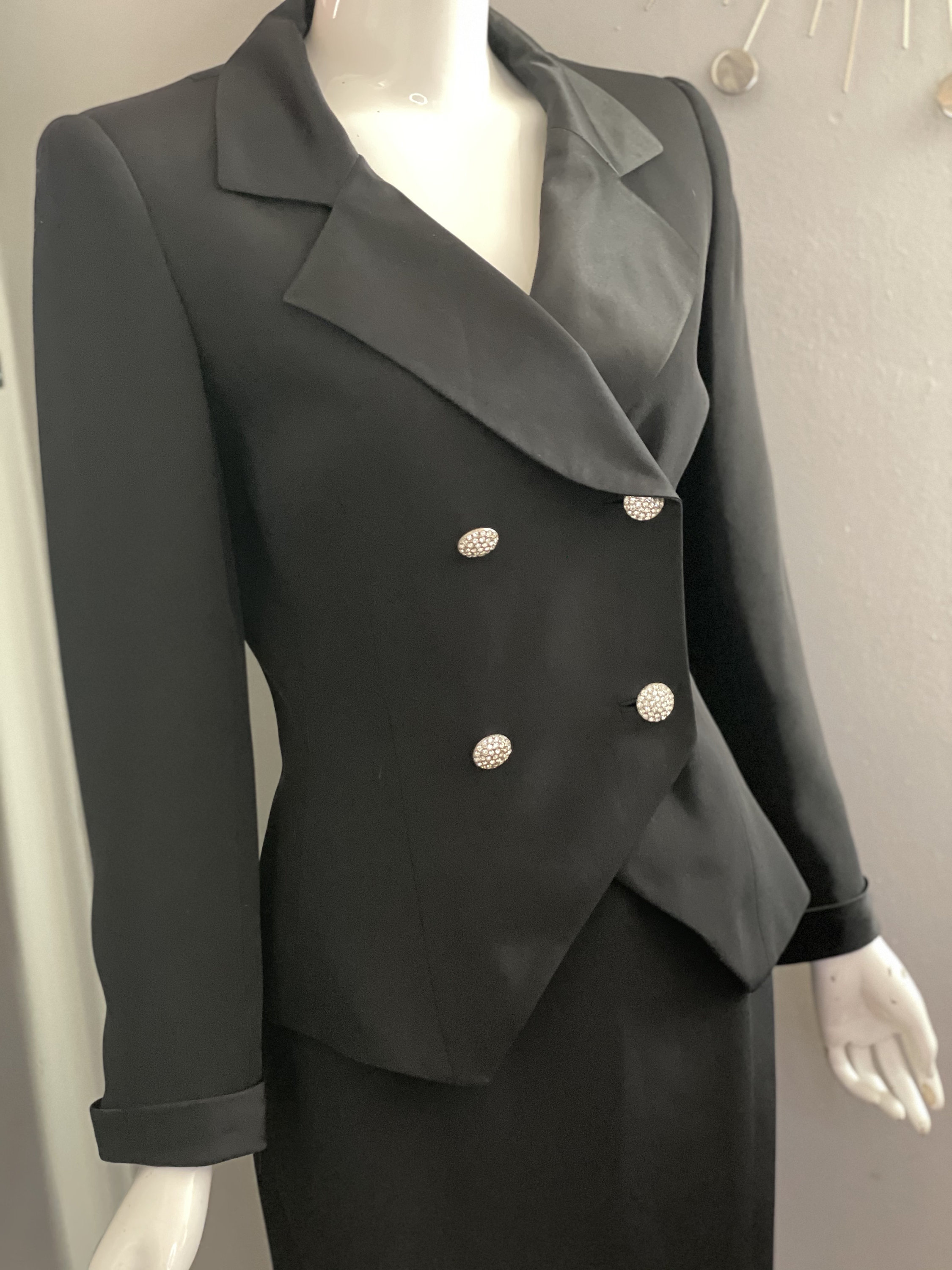 1980s Iconic David Hayes Tuxedo-style Silk Skirt Suit Set W Rhinestone ...