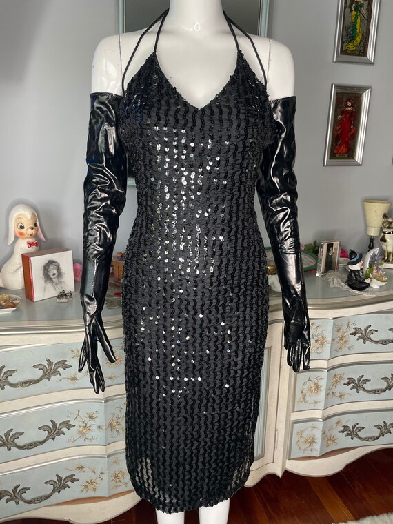Goth Vamp Disco 1970s "Joy Stevens" Black Sequin Dress - Gem