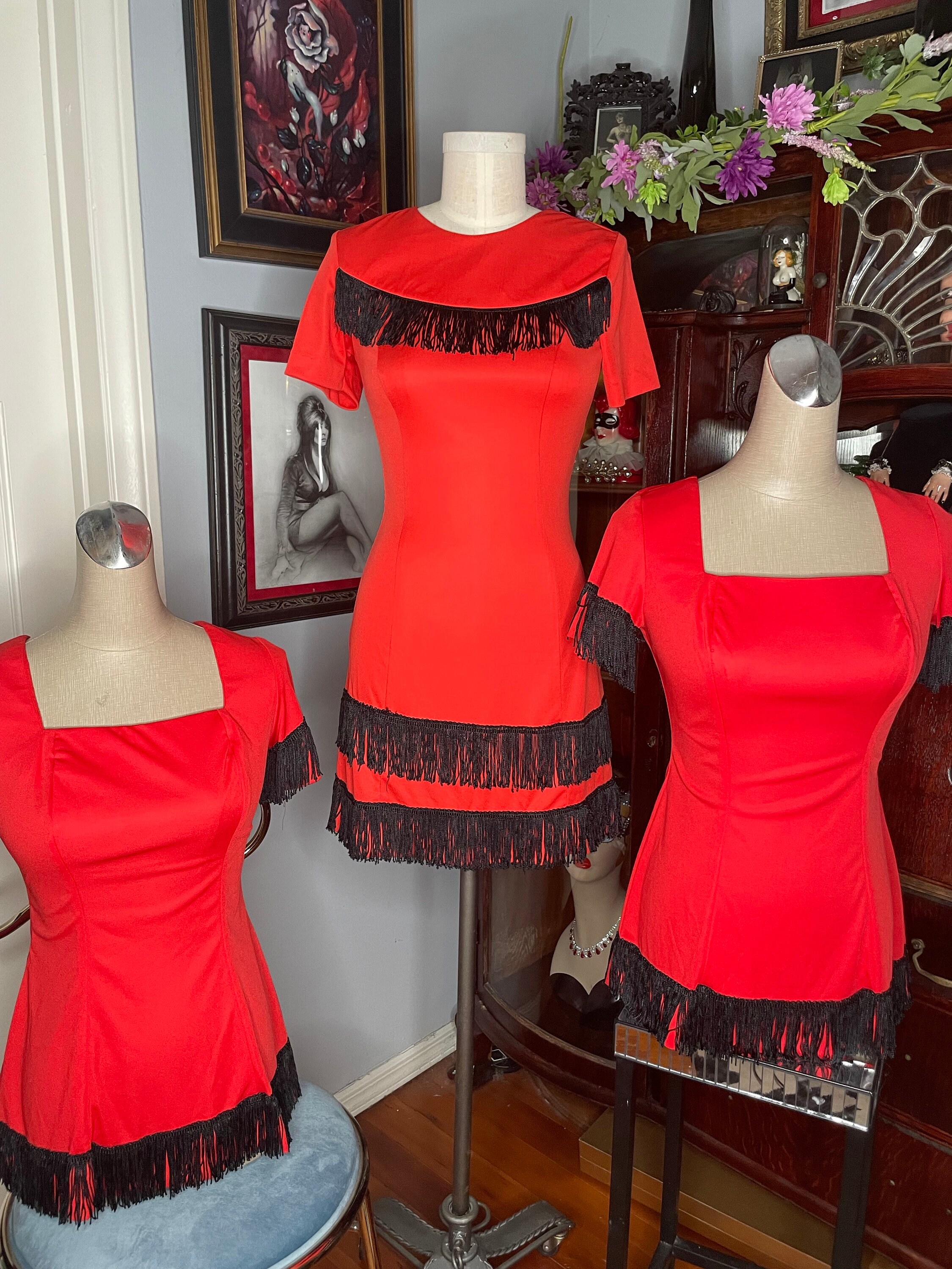 VTG 1960s House of Uniforms Red Black Fringe Dress and Top Set 3 Piece ...