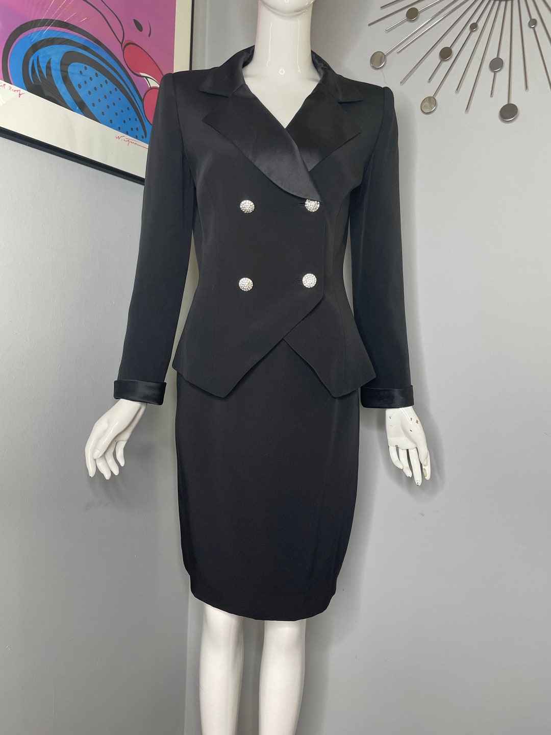 1980s Iconic David Hayes Tuxedo-style Silk Skirt Suit Set W Rhinestone ...