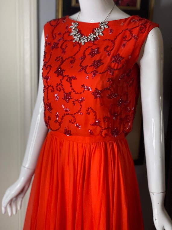 Poppy Red 1960s Sheer Chiffon Cocktail Dress with Bea… - Gem