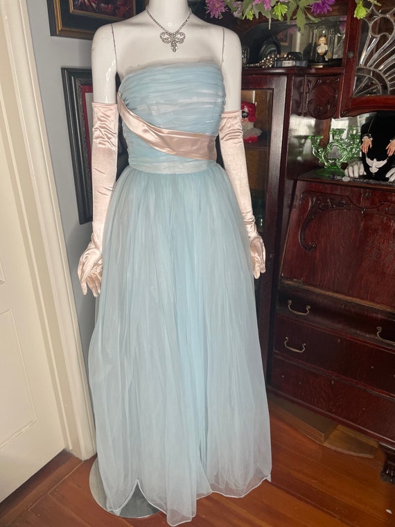 1950s Pale Blue Cupcake Prom Dress Pink Sash Bow Vint… - Gem