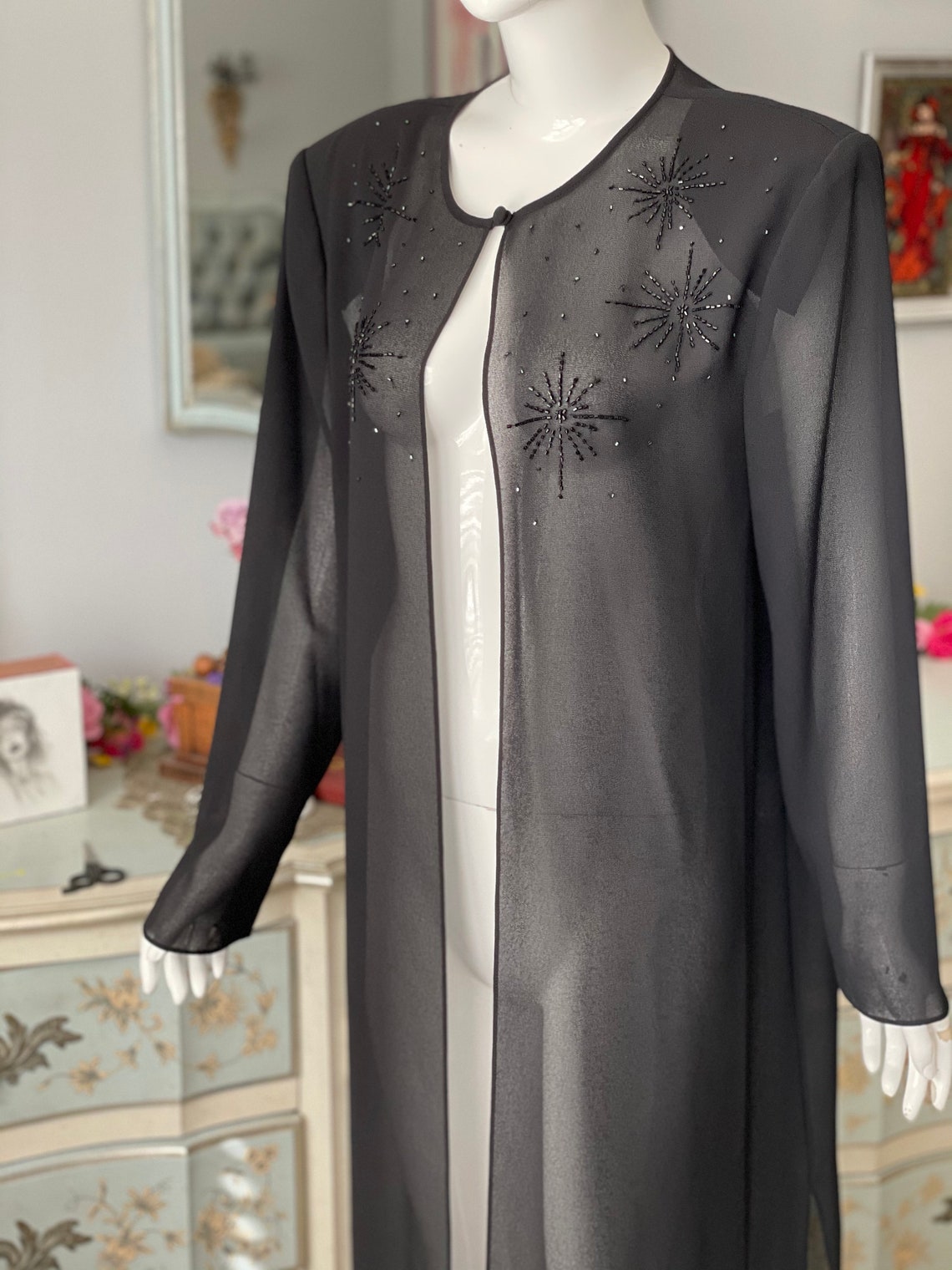 Sheer Black Starburst Beaded Duster Vintage 1980s Large - Etsy