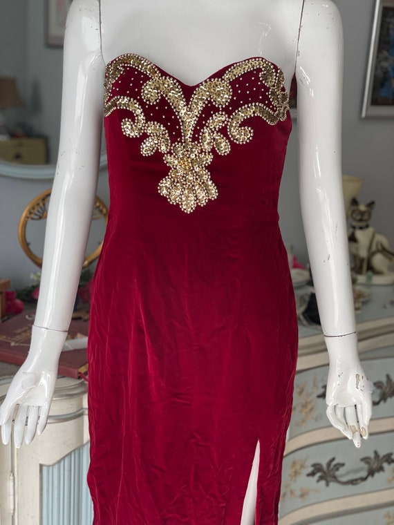 Burgundy Red Velvet Gown Gold Jewels Sequins High Sli… - Gem
