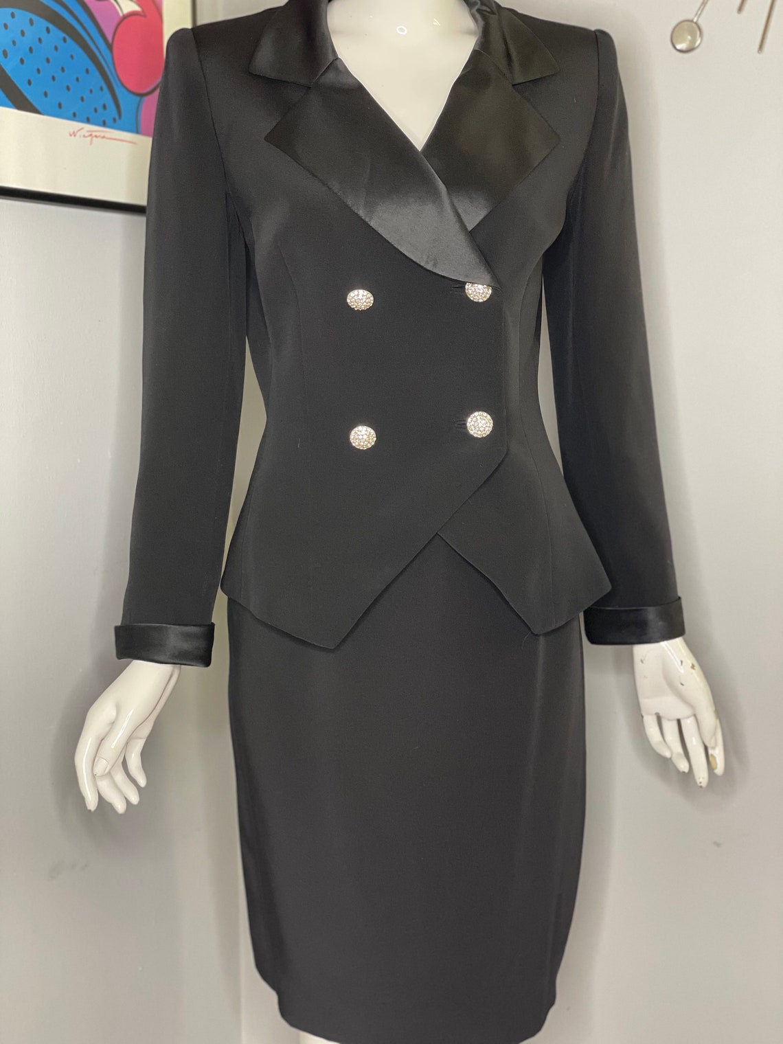 1980s Iconic David Hayes Tuxedo-style Silk Skirt Suit Set W Rhinestone ...