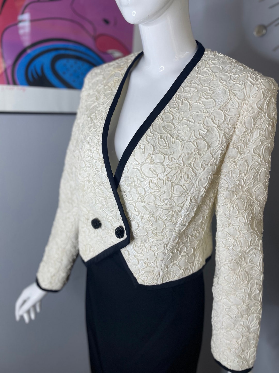 Vintage 1980s Designer Suit David Hayes Skirt Set Black and White ...