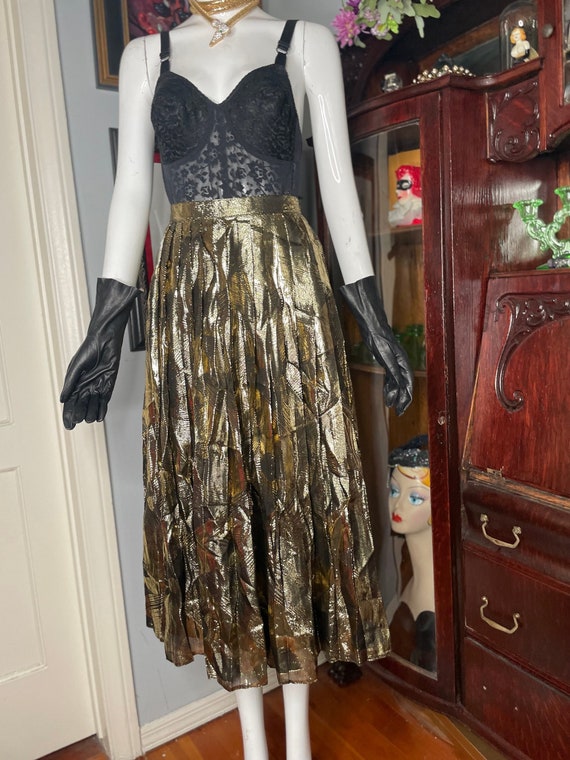 Vtg 80s Gold Metallic Pleated Skirt Fall Sunflowers Gem