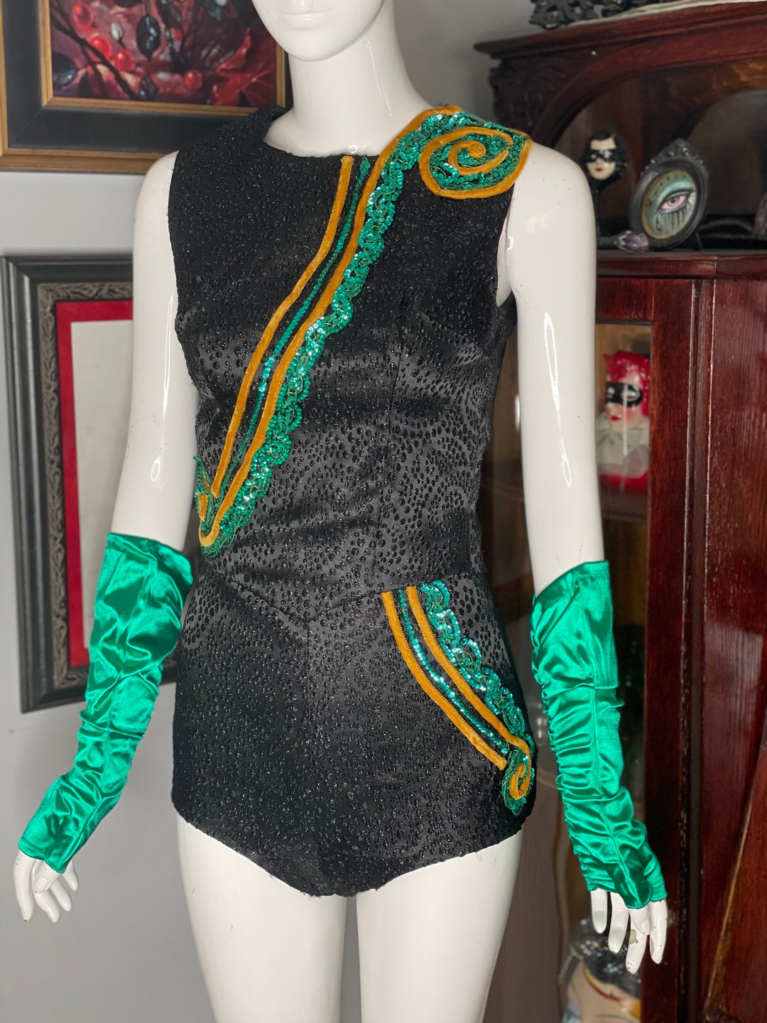 VTG Showgirl Circus 2-piece Costume Black Green Gold - Etsy