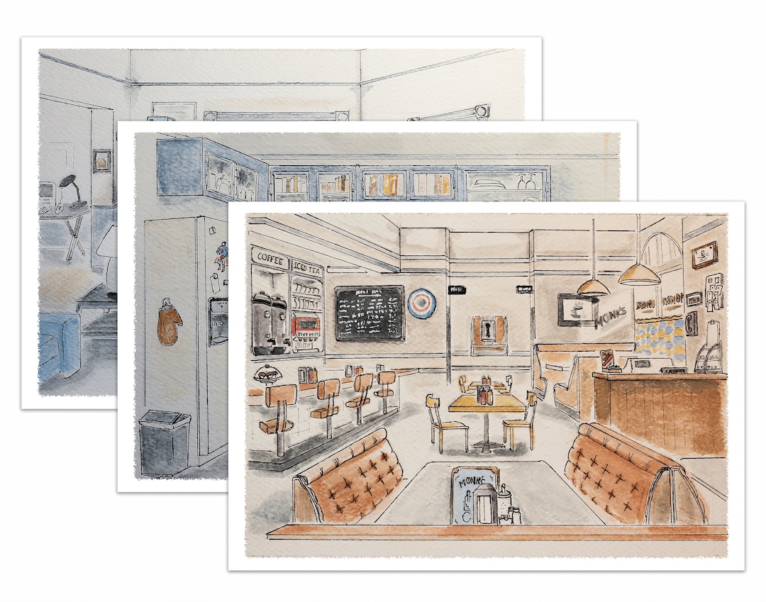 Seinfeld Set of 3 Kitchen, Living and Coffee Shop Watercolor Art Poster ...