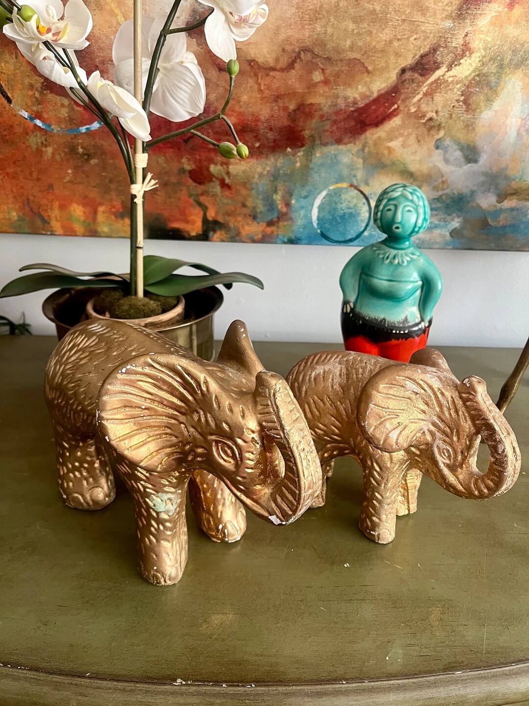 Vintage Antique Gold Chalkware Elephant Set Safari Zoo Animals Ethnic ...
