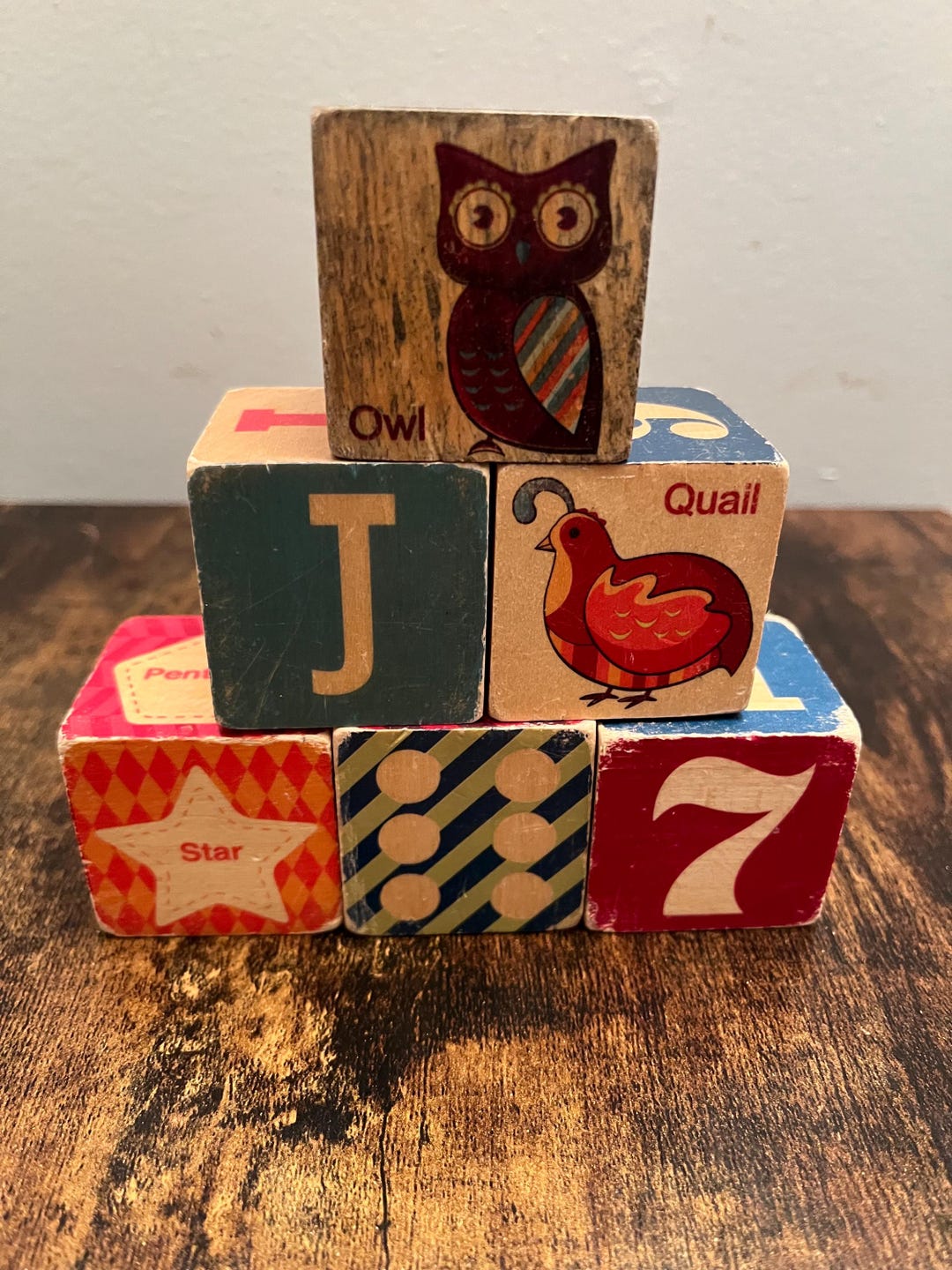 Vintage Mid Century Wood Blocks: Owl, Quail, Star, J, 7, Dice Pattern ...