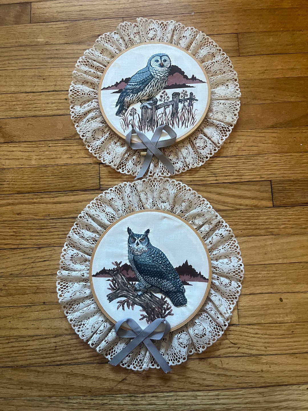 Vintage Owl Decor Set / Hand Stitching Loop/ Owls Vintage/ Owl Wall ...