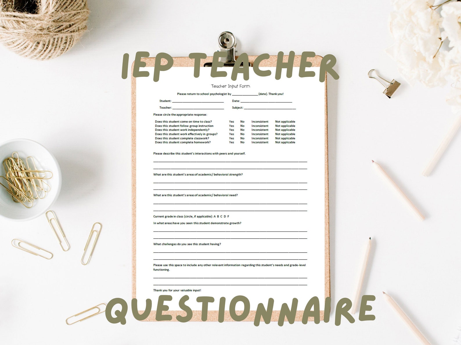 IEP Teacher Questionnaire- Teacher Input Form- Teacher Feedback Survey ...