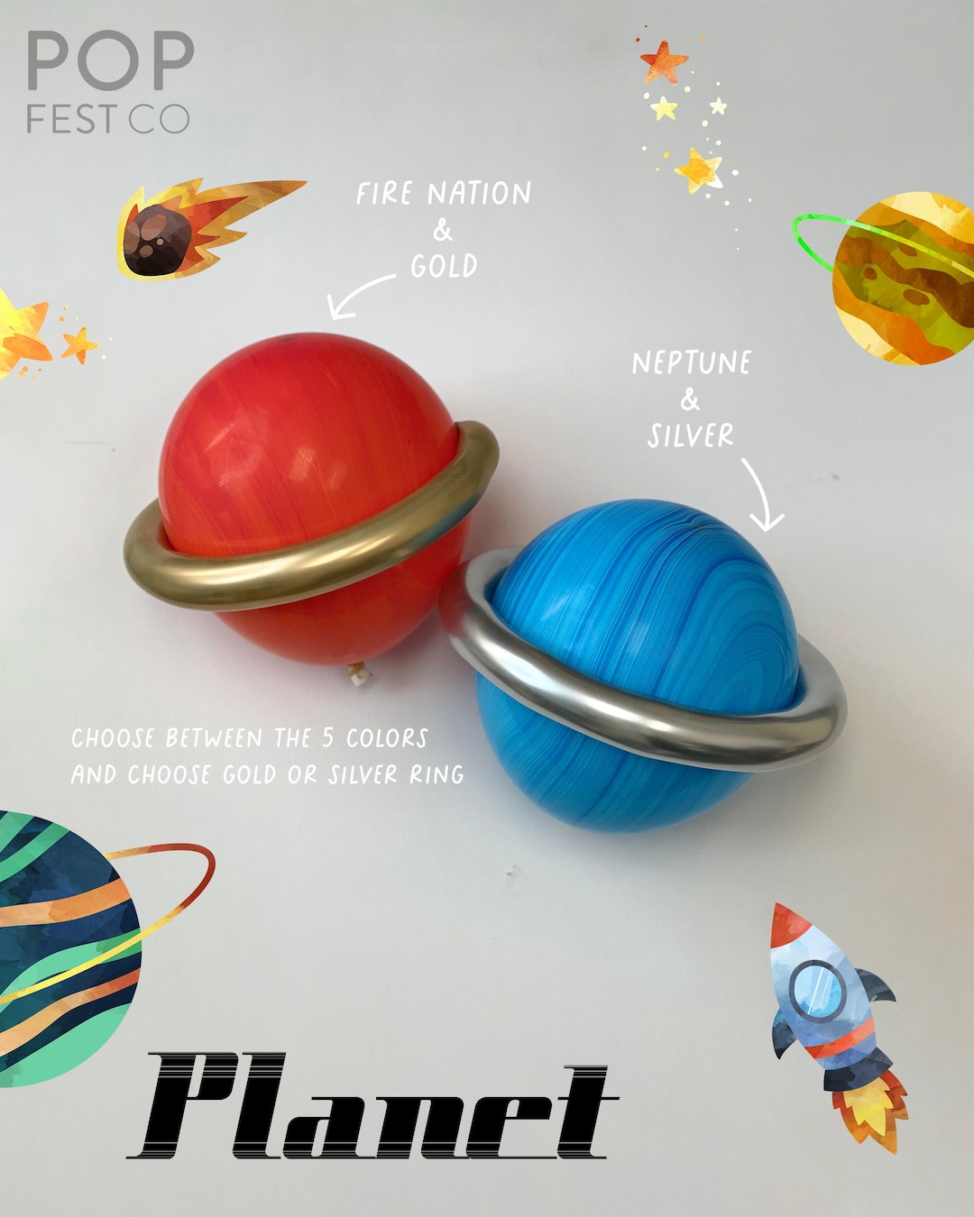 Outer Space Planet Balloons, Galaxy Balloon, Chrome Silver Ring, Two ...