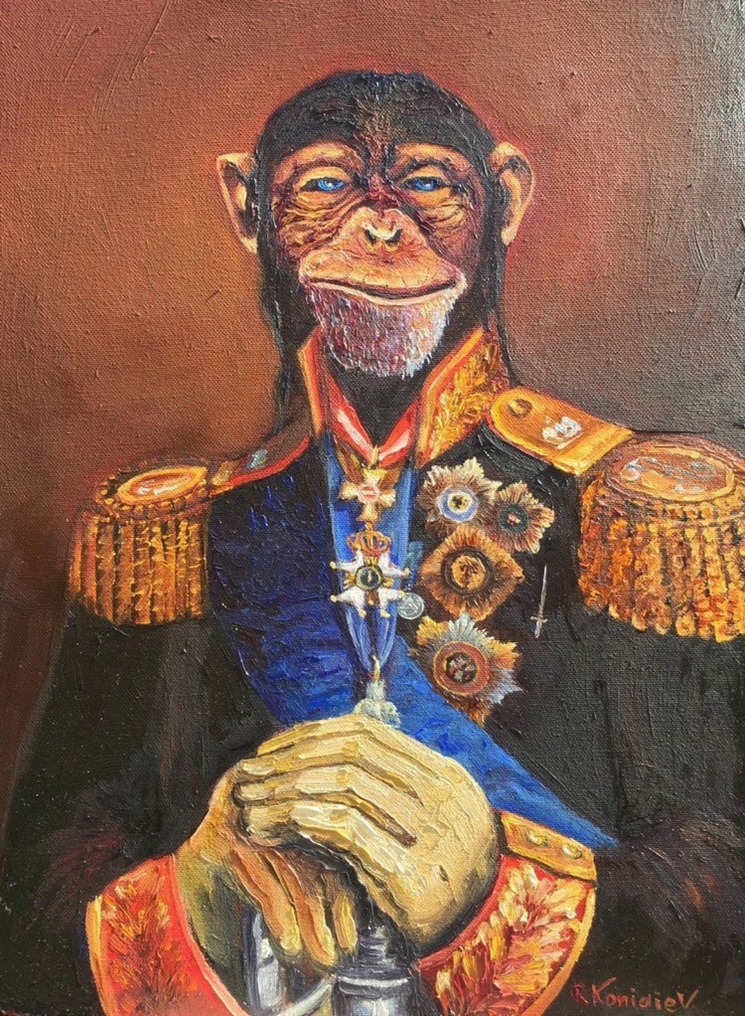 Monkey Oil Painting Original Animal Portrait Funny Pet Costume Hand ...