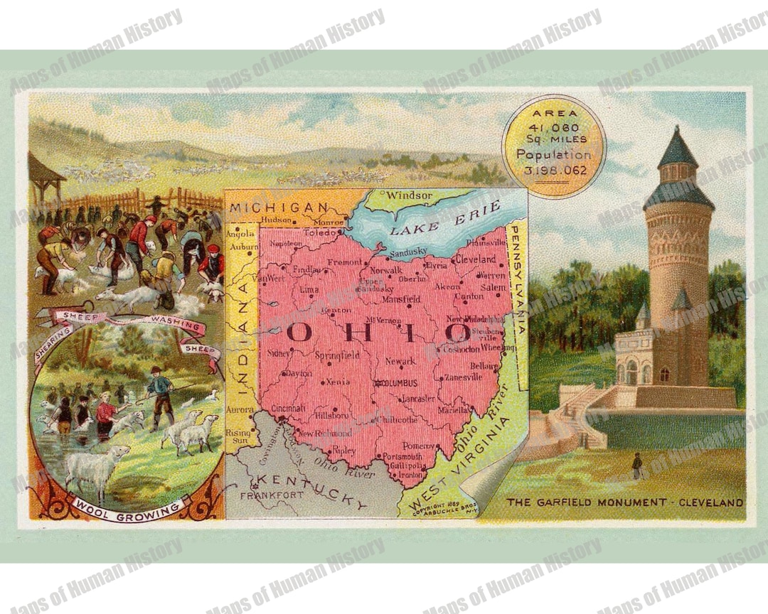 Illustrated Map of Ohio 1890 Digital Print Historic - Etsy