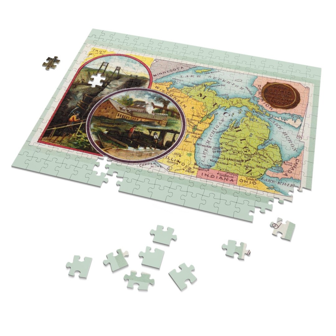 Vintage Michigan Jigsaw Puzzle 252 Pieces Historic Map & Illustration ...
