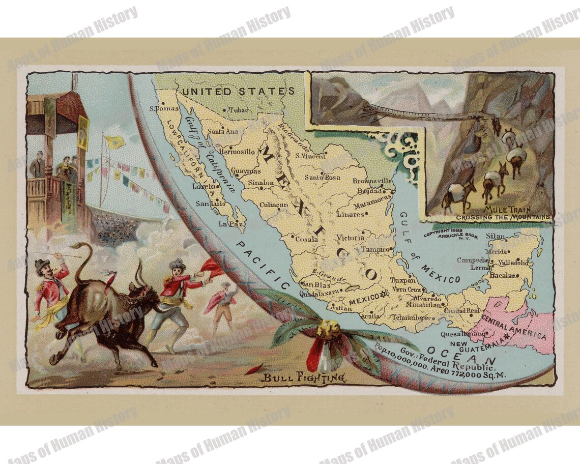 Illustrated Map of Mexico 1890 Digital Print Historic Digital Download ...