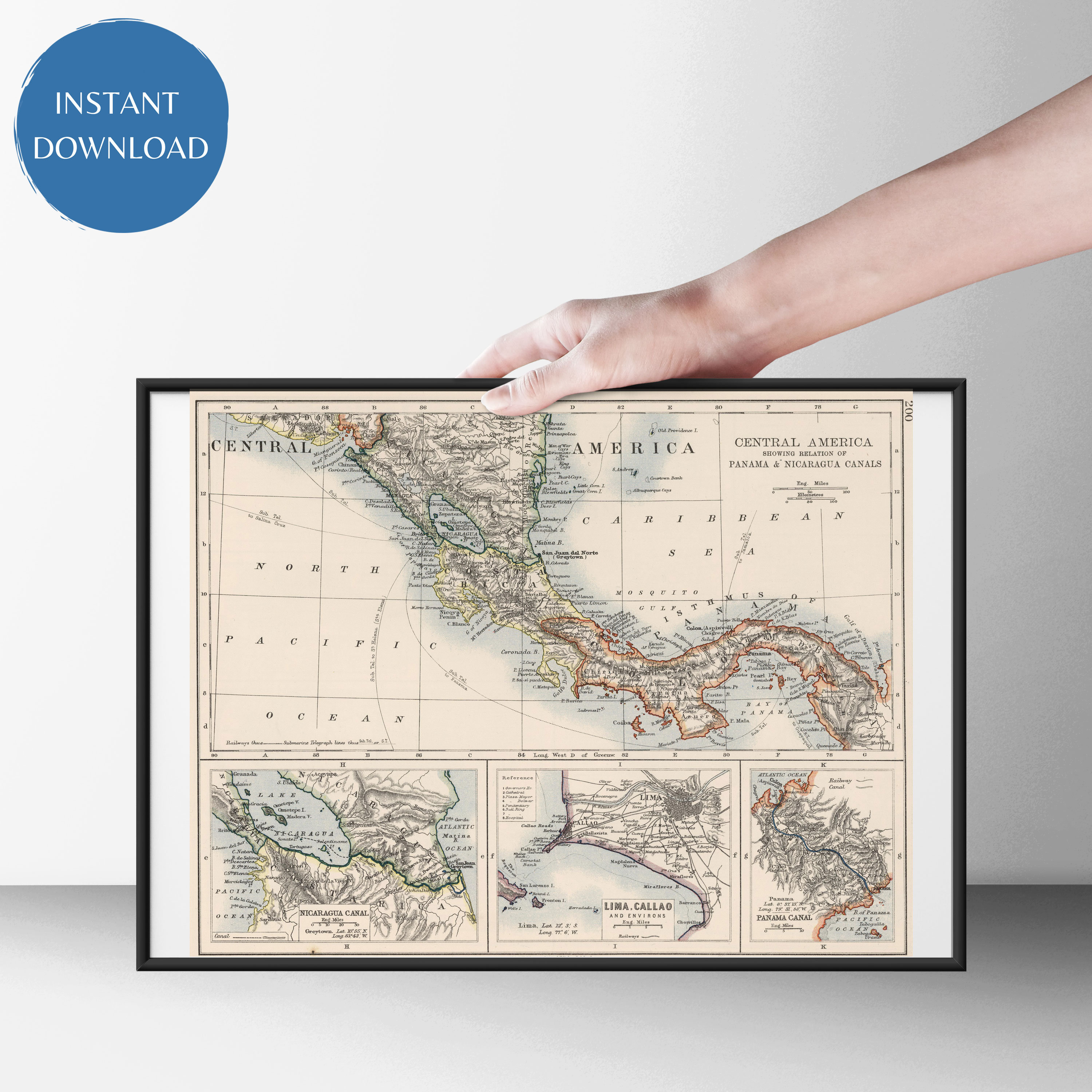 Map of Central America Digital Print Panama Costa Rica High Resolution ...