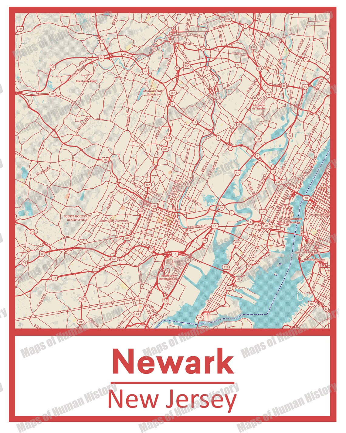 Retro Newark New Jersey Street Map Poster & Canvas Print | Etsy