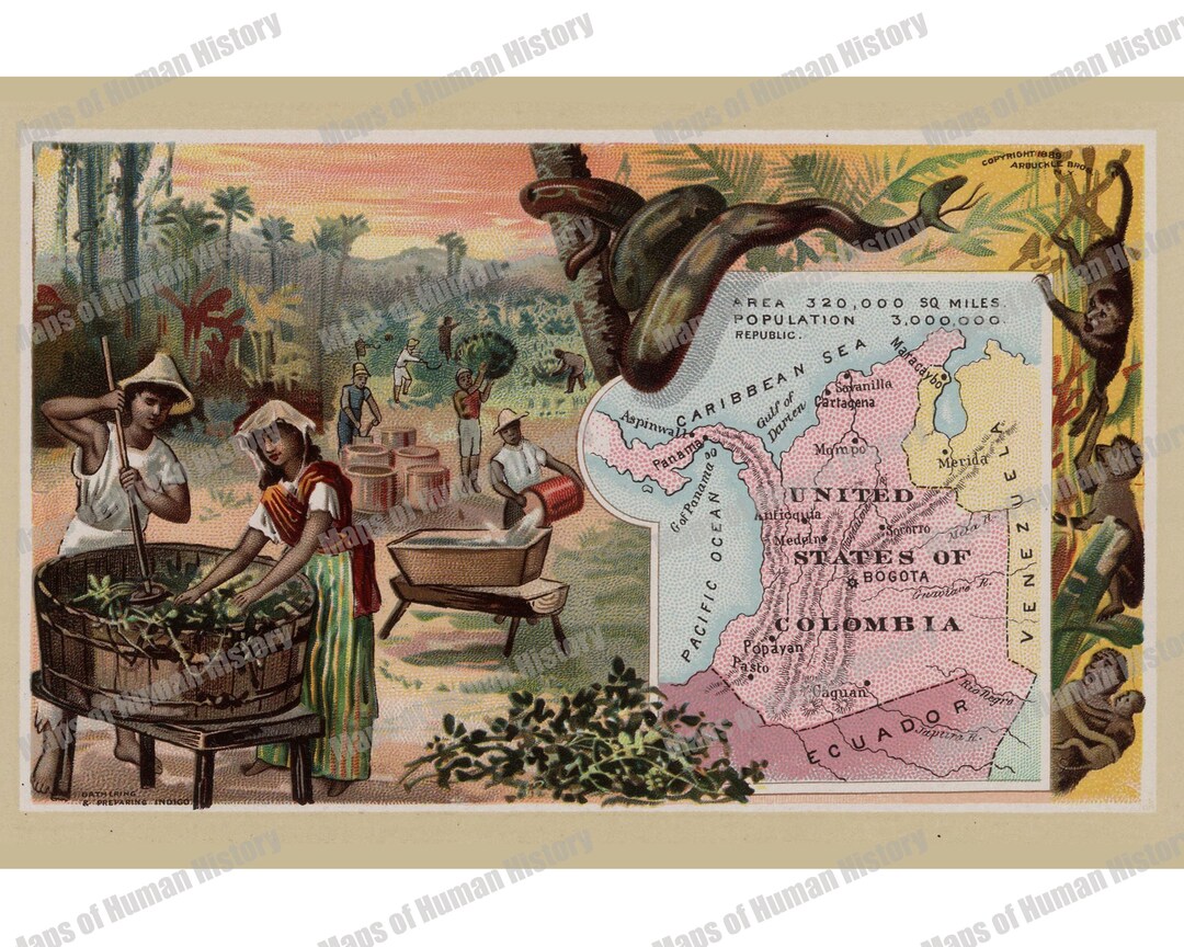 Mapa ilustrado de Colombia 1890 Impresión digital / Descarga - Etsy México