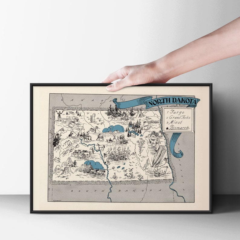 Old North Dakota 1903 Map Print Blue & White Cartoon Hand - Etsy
