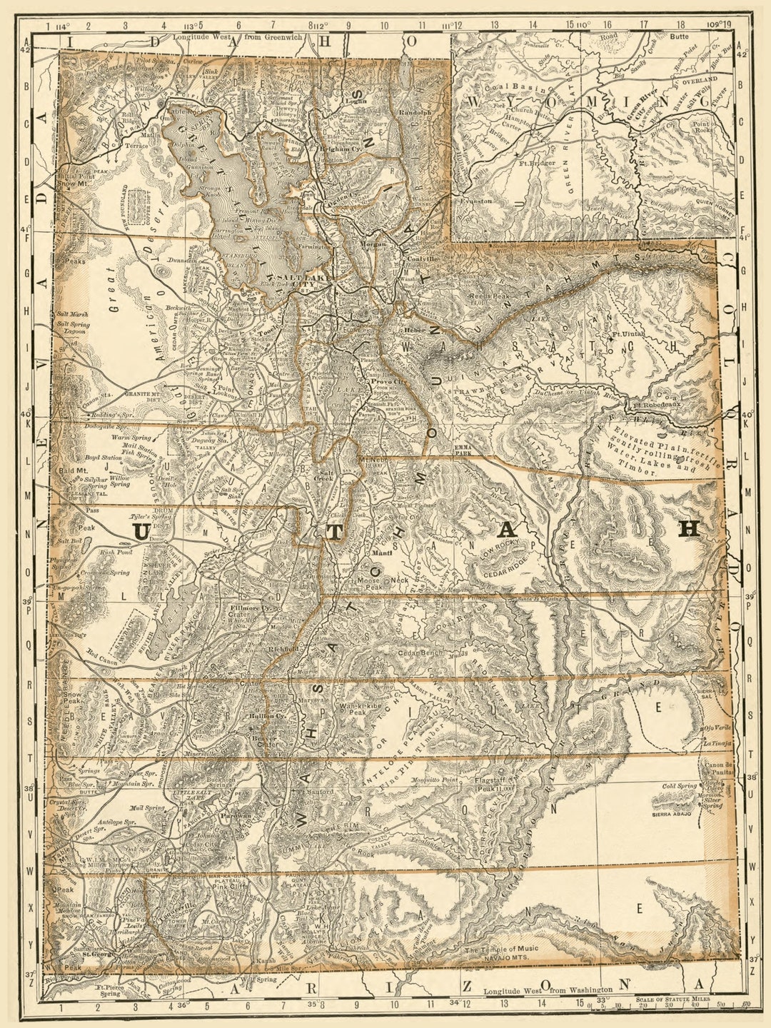 Historic Utah State Map Antique 1878 Tan Print Rustic Wall - Etsy