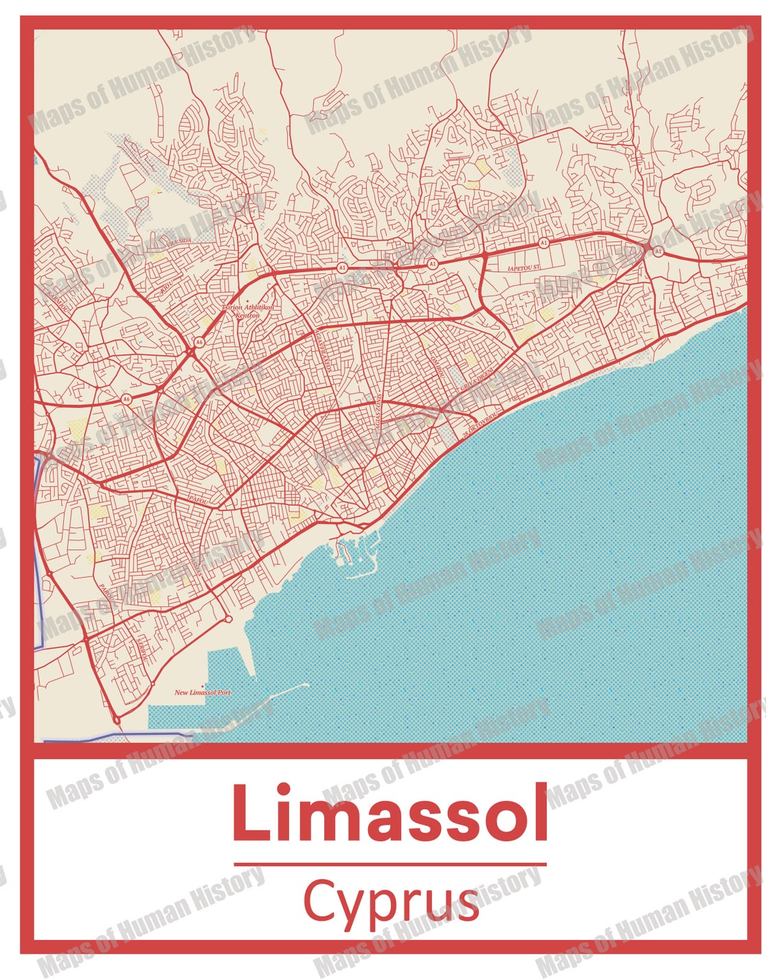 Retro Limassol Cyprus Street Map Poster And Canvas Print Etsy