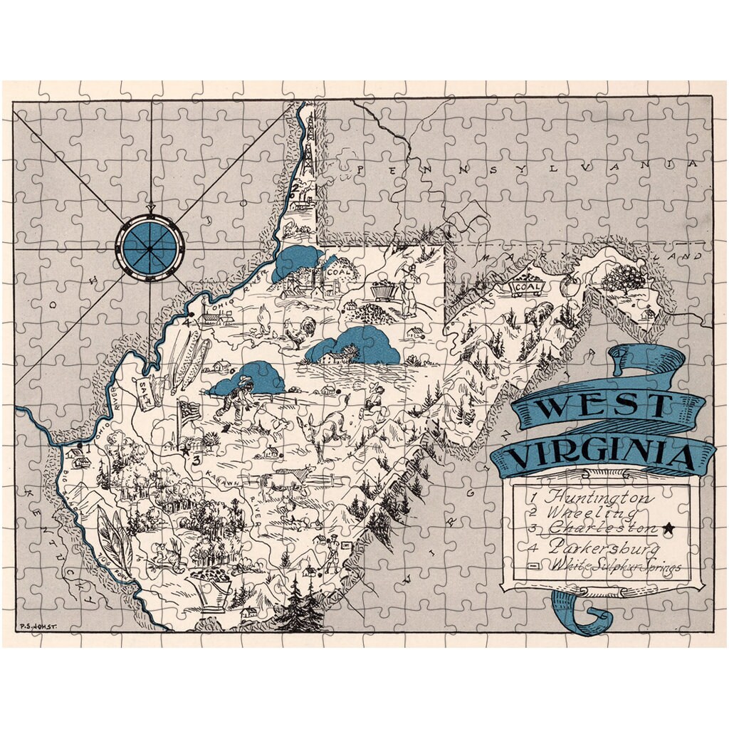 Jigsaw Puzzle Map of West Virginia 252 Pieces Cartoon Style Map of USA ...