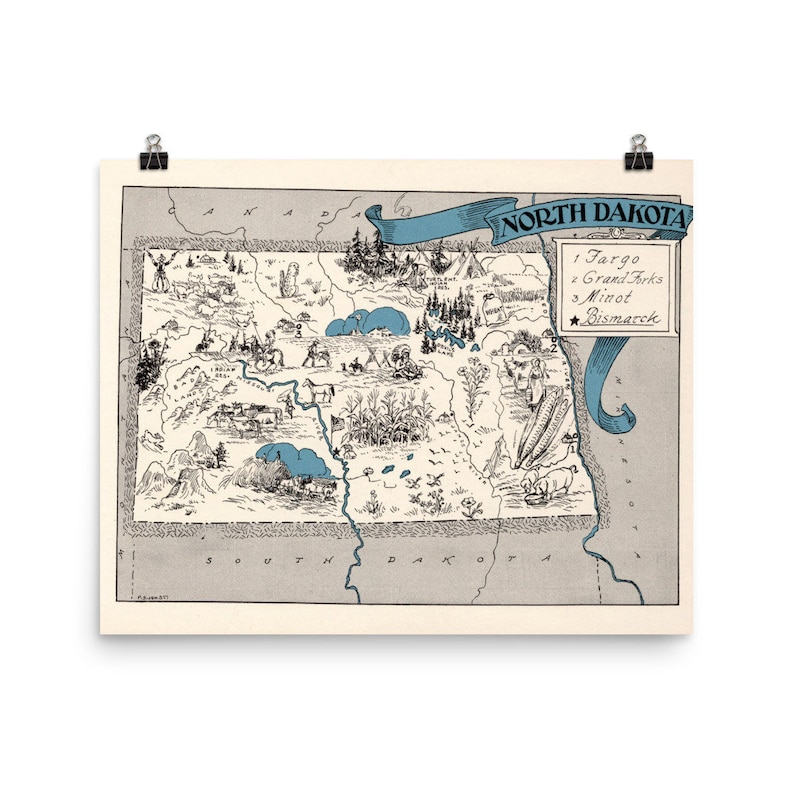 Old North Dakota 1903 Map Print Blue & White Cartoon Hand - Etsy
