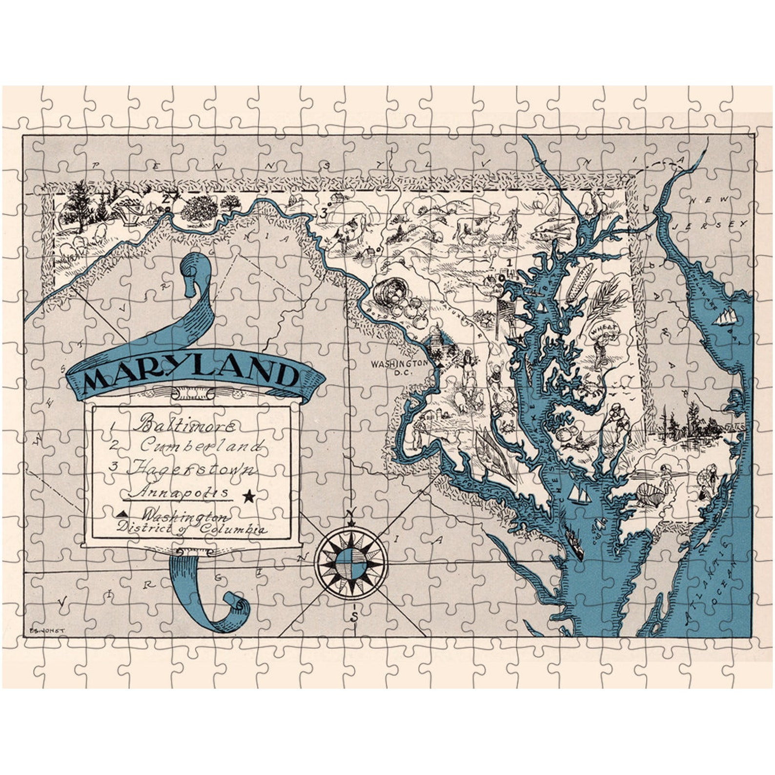 Jigsaw Puzzle Map of Maryland 252 Pieces Cartoon Style Map of USA ...