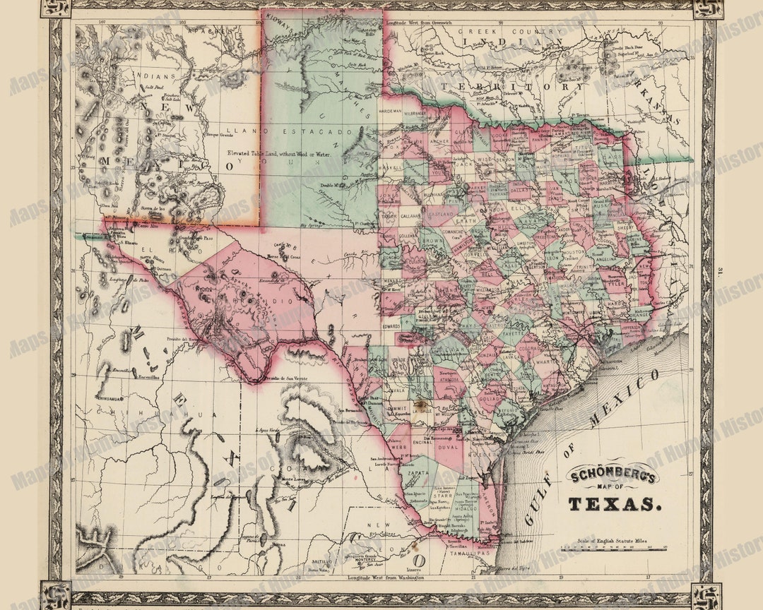 Vintage Schoneburg's Map of Texas Digital Print 1866 High Resolution ...
