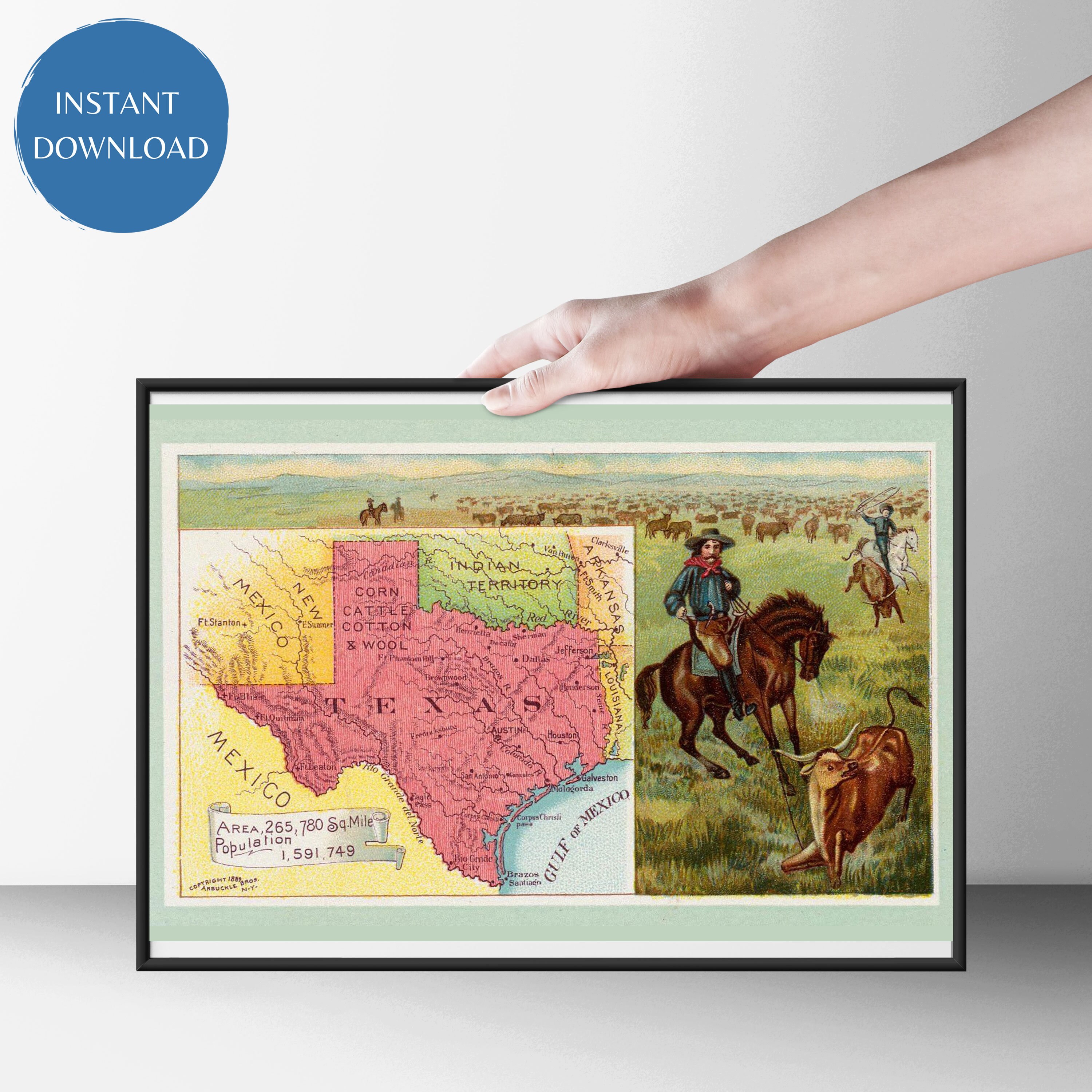 Illustrated Map of Texas 1890 Digital Print Historic Digital Download ...