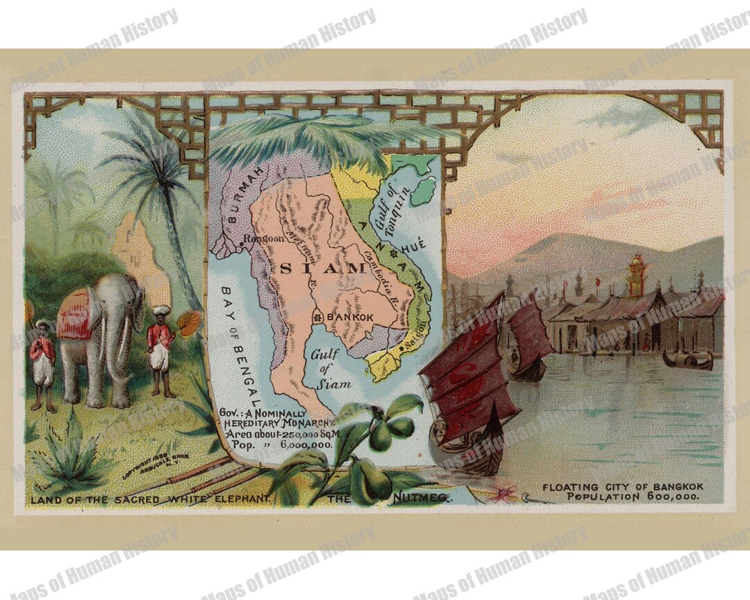 Illustrated Map of Siam 1890 Digital Print Historic Digital Download ...