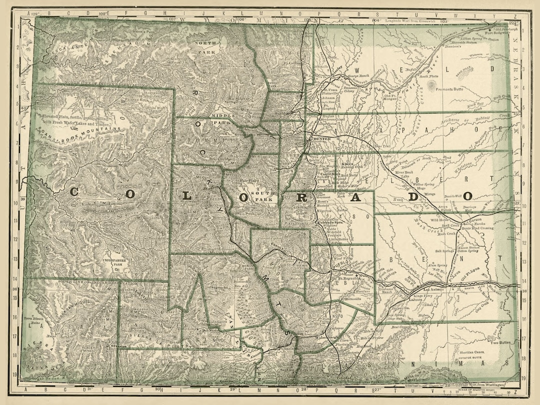 Historic Colorado State Map Antique 1878 Tan Print Rustic - Etsy