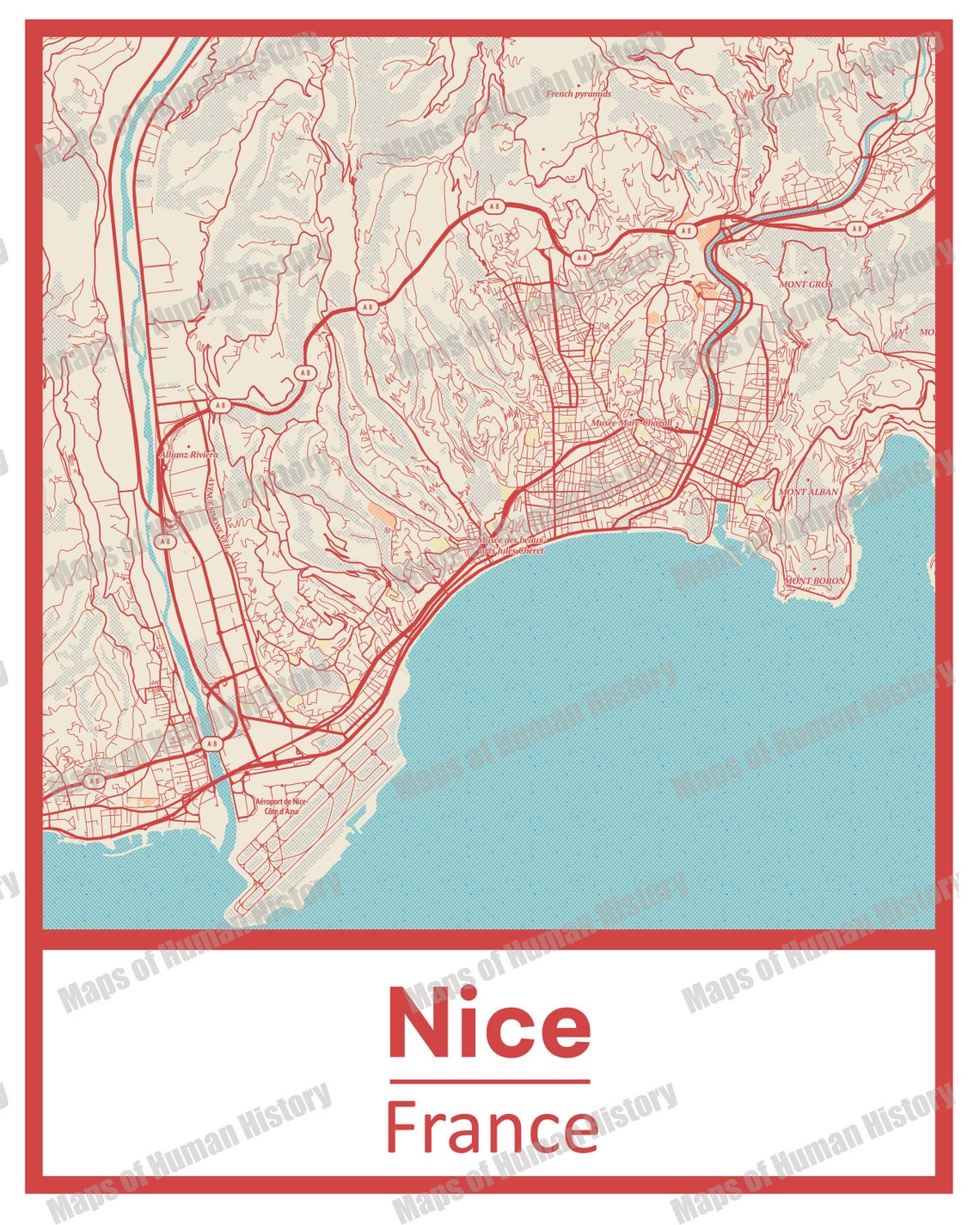 Retro Nice France Street Map Poster & Canvas Print Options - Etsy