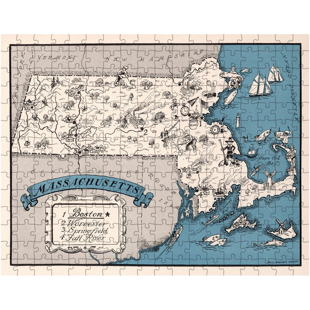 Jigsaw Puzzle Map of Massachusetts 252 Pieces Cartoon - Etsy